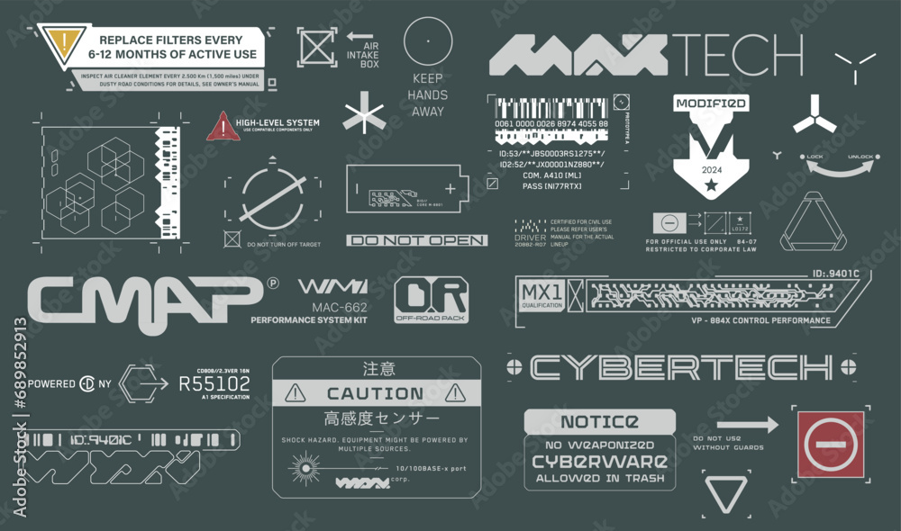 Cyberpunk decals set. Set of vector stickers and labels in futuristic ...