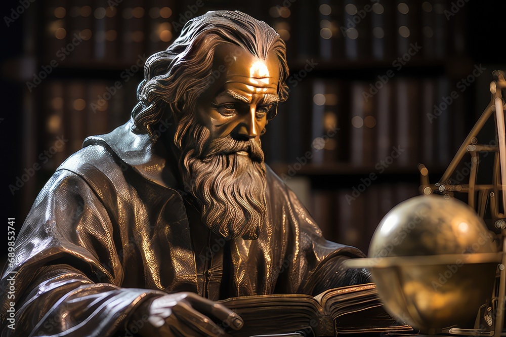 Bronze statue of Galileo Galilei. He developed the telescope and used ...