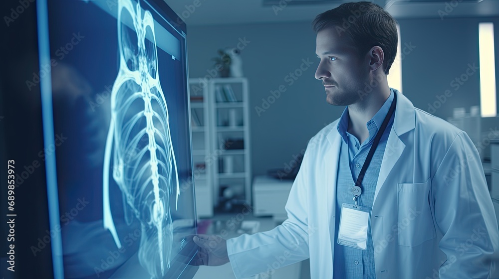 a radiology doctor examining a chest X-ray film of a patient in a ...
