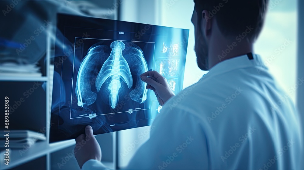 Foto de a radiology doctor examining a chest X-ray film of a patient in ...
