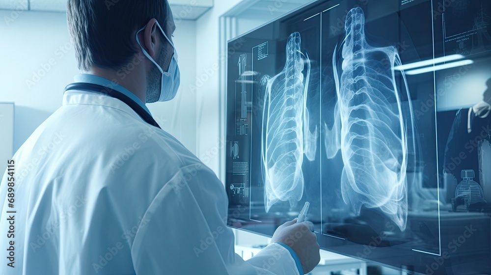 a radiology doctor examining a chest X-ray film of a patient in a ...