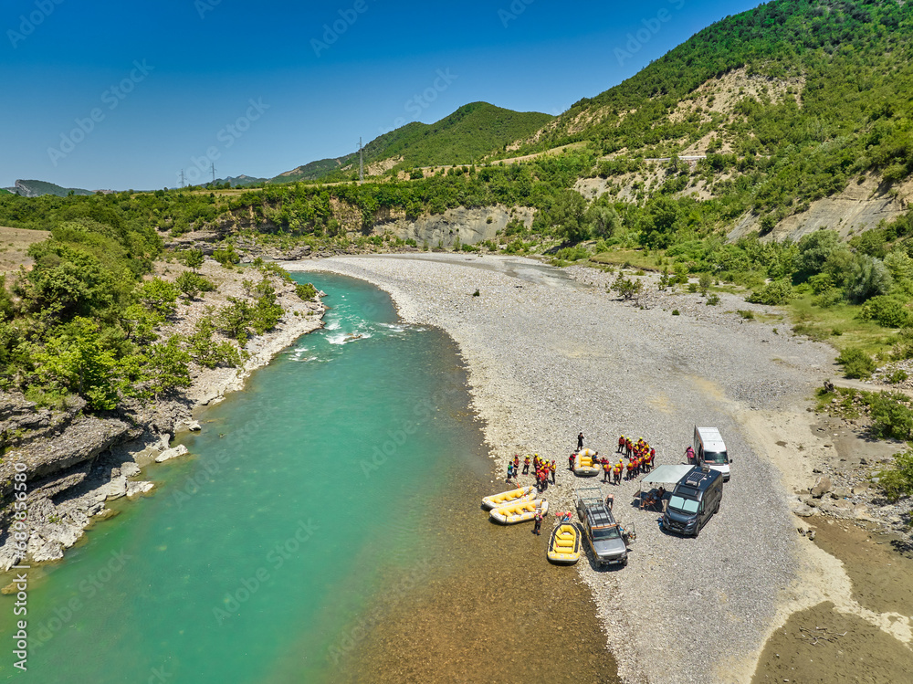 White water rafting. Adventure and sport. A yellow raft floating among ...