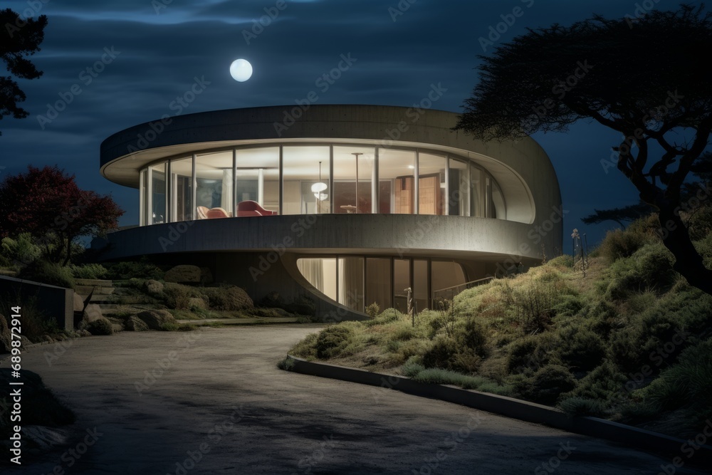 Futuristic house, full moon, night scene, modern architecture ...
