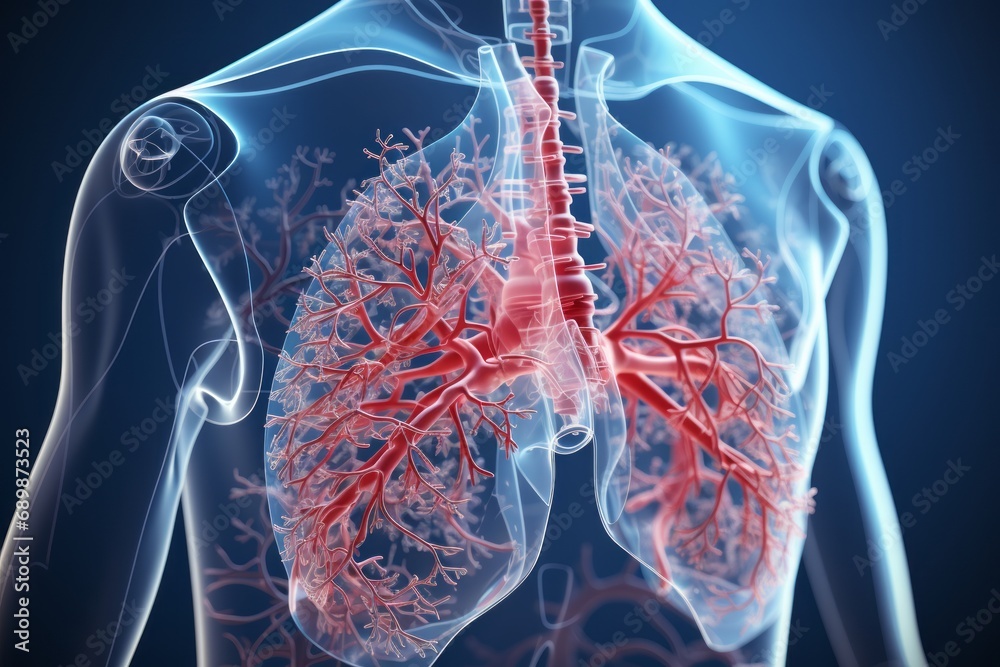 3D colorful illustration of human lungs on dark blue background. Human ...