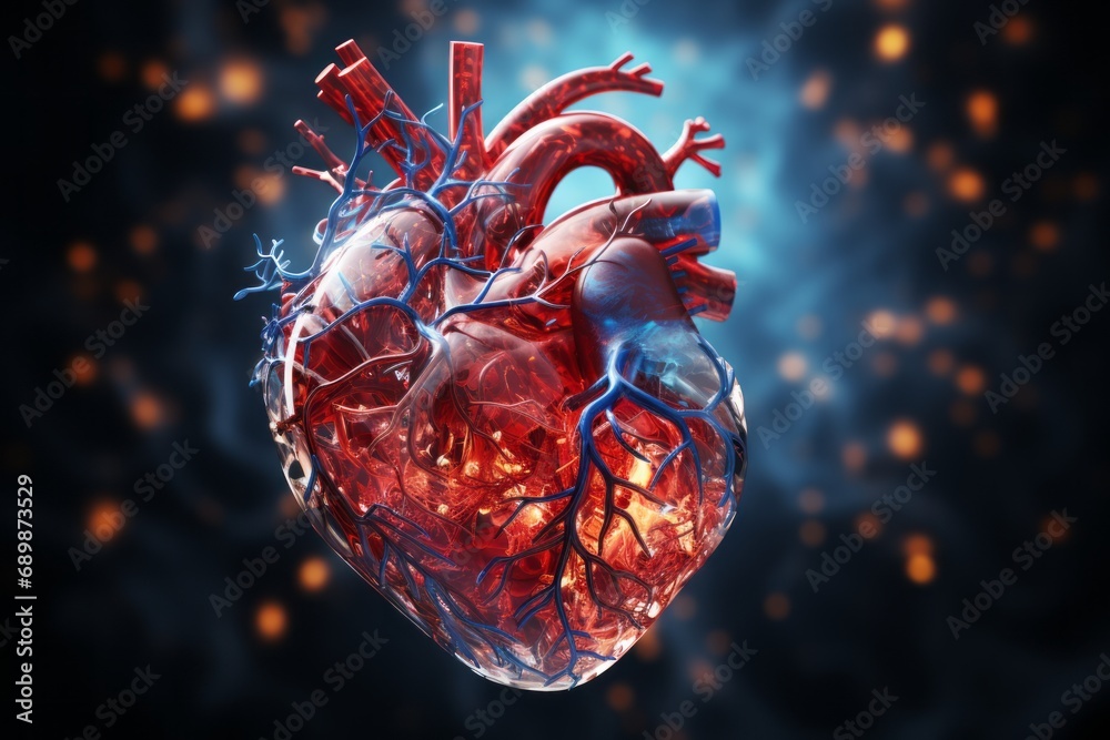 3D illustration of colorful human heart on blue background. Human heart ...