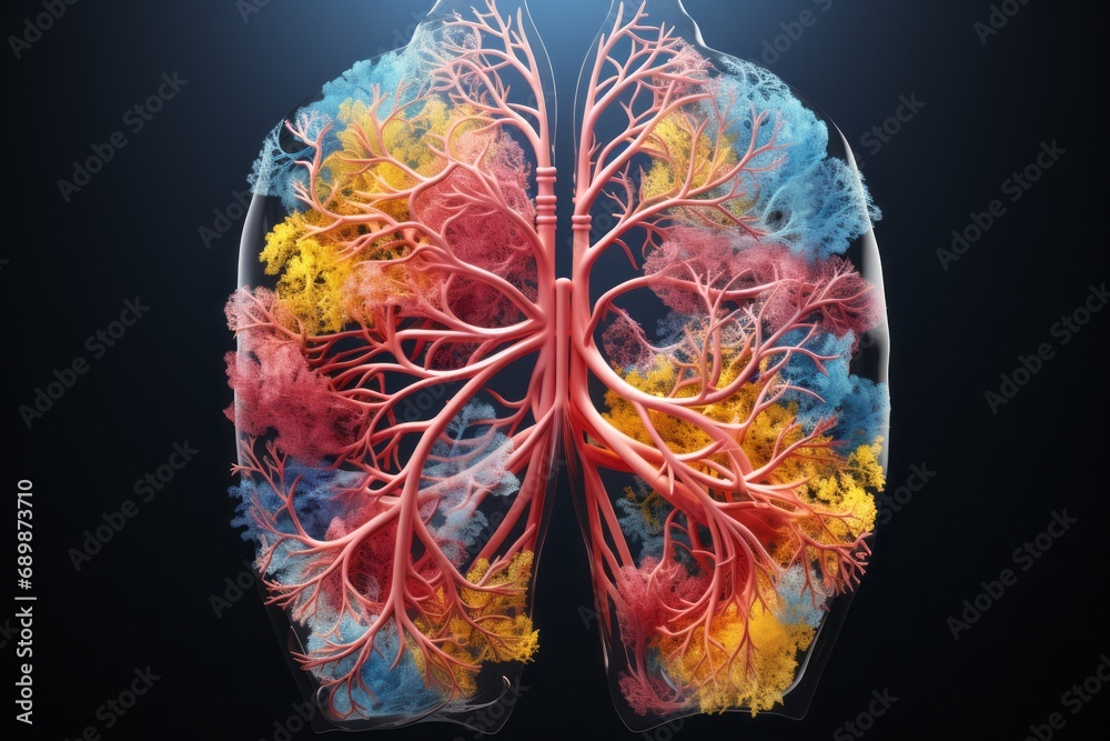 3D colorful illustration of human lungs on dark blue background. Human ...