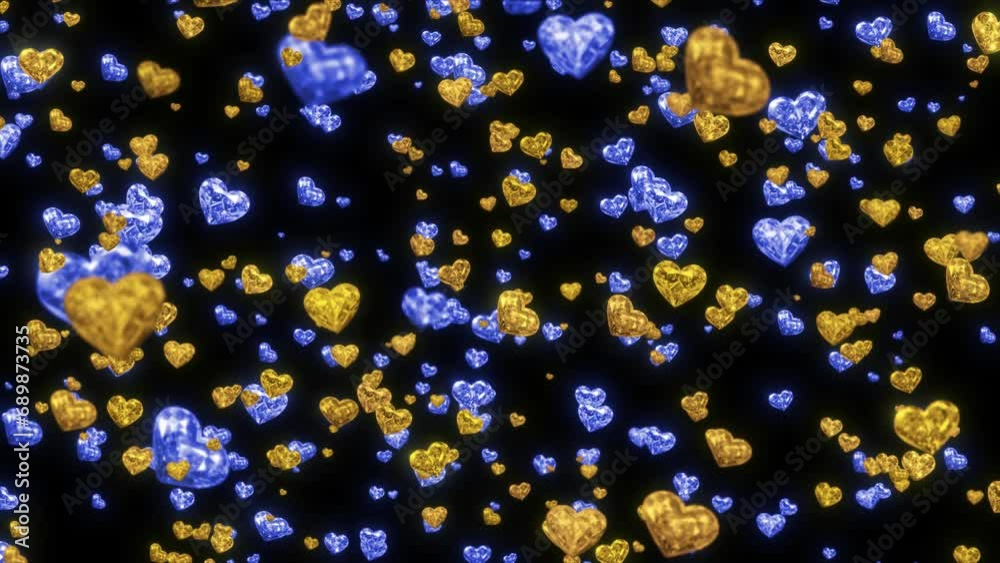 Blue And Golden 3d Heart Shape Diamonds Falling On Black Background ...