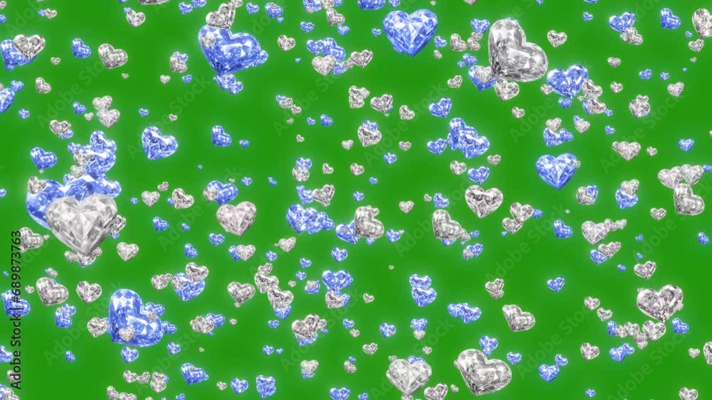 Blue And White 3d Heart Shape Diamonds Falling On Green Screen ...