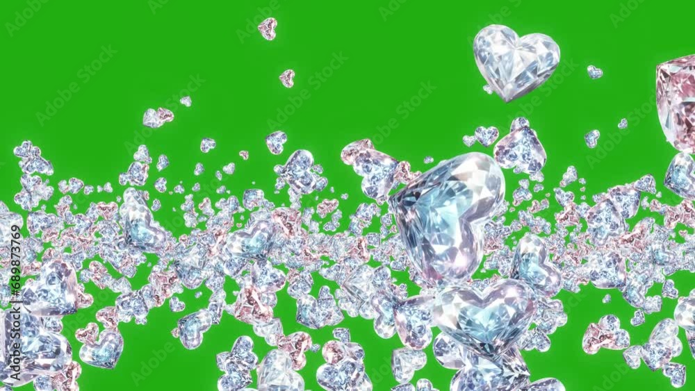 White Shiny Crystal 3d Heart Shape Diamonds Falling On Green Screen ...