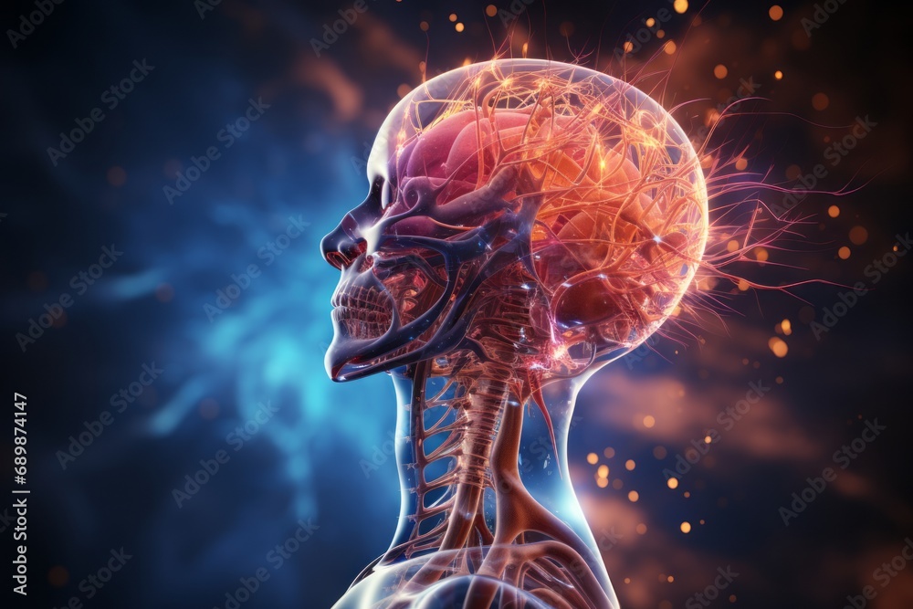 3D illustration of transparent human skull and colorful image human ...