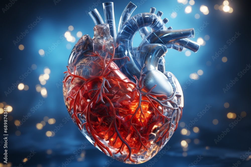 3D illustration of colorful human heart on blue background. Human heart ...