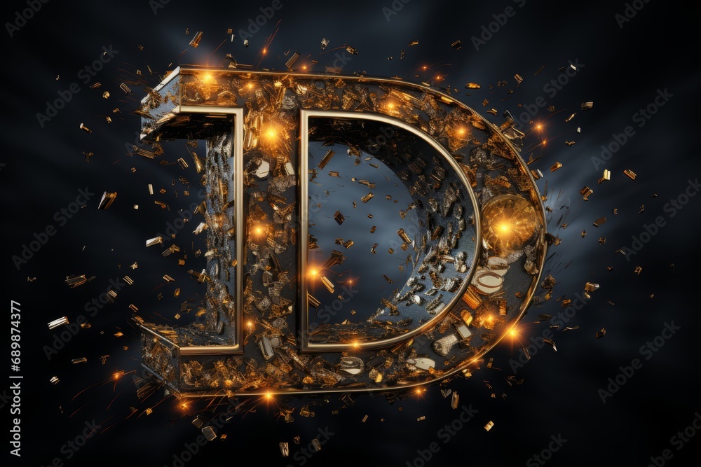 Volumetric capital letter D made of metal. Effect of compressed scrap ...