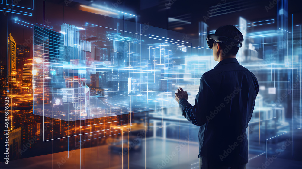An architect designing a futuristic building using a virtual reality ...