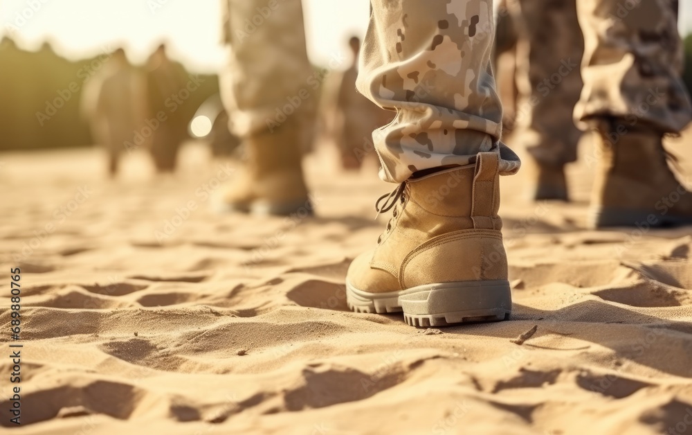 Man soldier leg in uniform and boots on the sand ground. Army defense ...