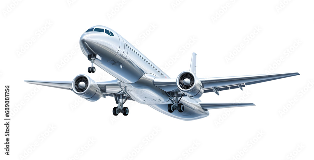 White metallic commercial airplane jetliner flying, 3D realistic ...