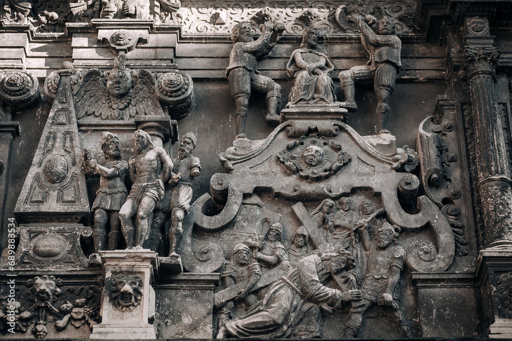 Old facade of the Boim Chapel in Lviv. Reliefs from the lives of the ...