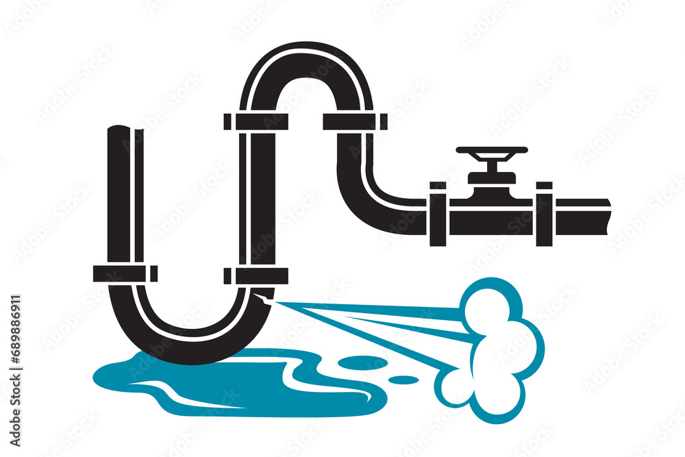 plumbing service icon with leaking pipe and water puddle isolated on ...
