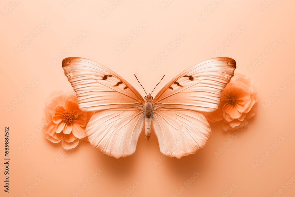 Delicate peach fuzz butterfly resting on flowers on minimal background ...