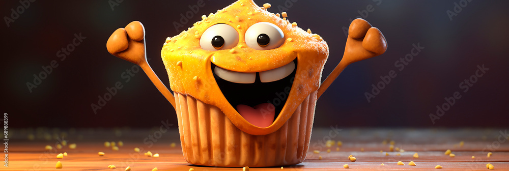 Banner with Muffin. Welcome to the cafe. Lemon Cupcake with cute face ...