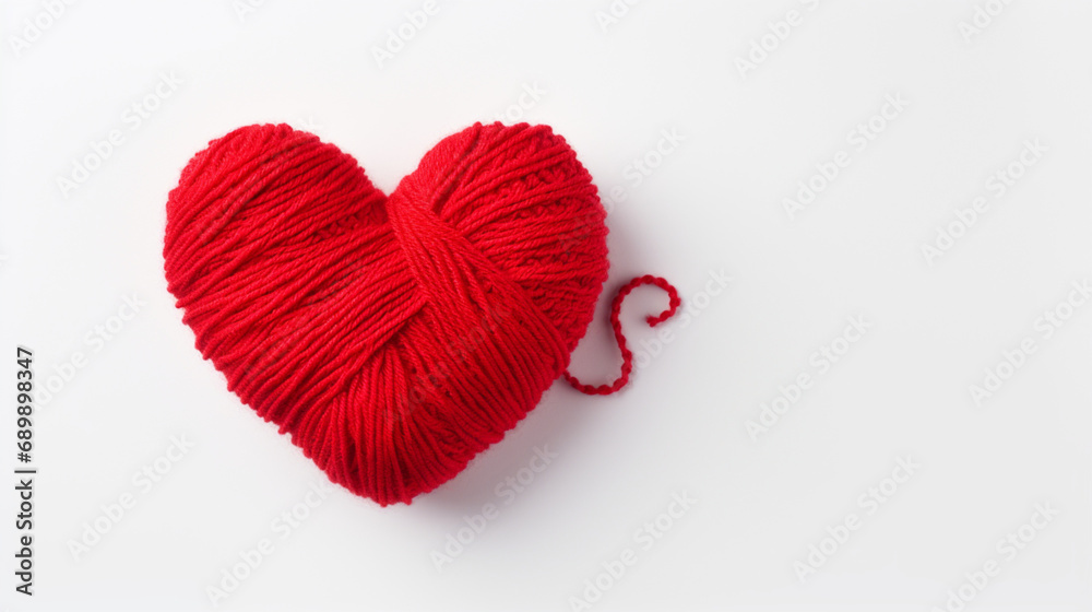 Coeur tricoté avec une pelote de laine de fil rouge. Amour, sentiment ...