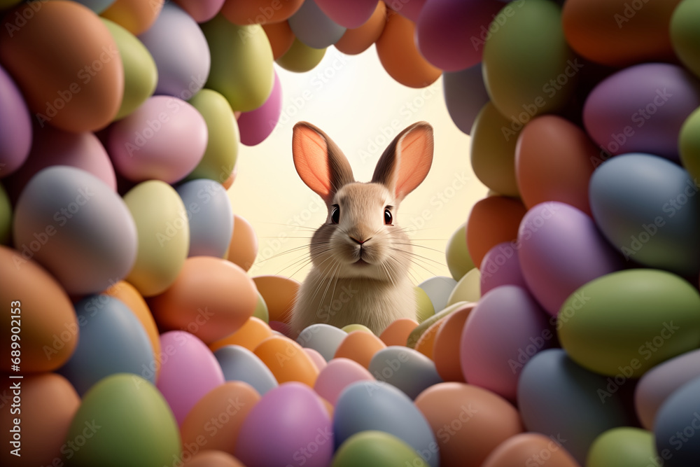 Easter Bunny in a frame of colourful easter eggs. Banner with a funny rabbit surrounded by eggs ...