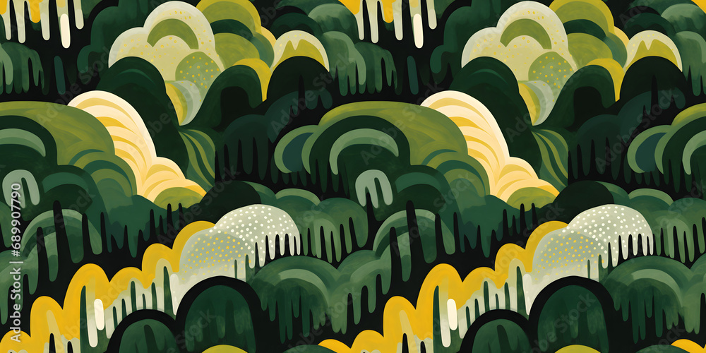 Seamless Pattern with magic green and yellow forest in abstract Fauvism ...