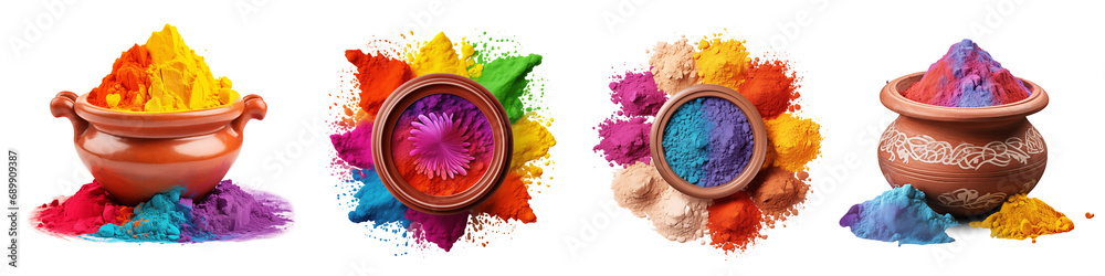 Holi colors or powder in traditional pot isolated on transparent ...