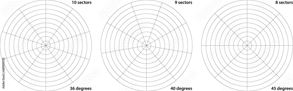 Polar grid divided into radial degree 10, 9 and 8 sectors and ...