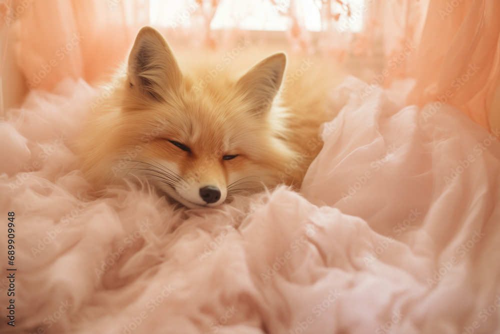 Cute red fox lies on the bed under peach blanket. Exotic pet. Lazy ...