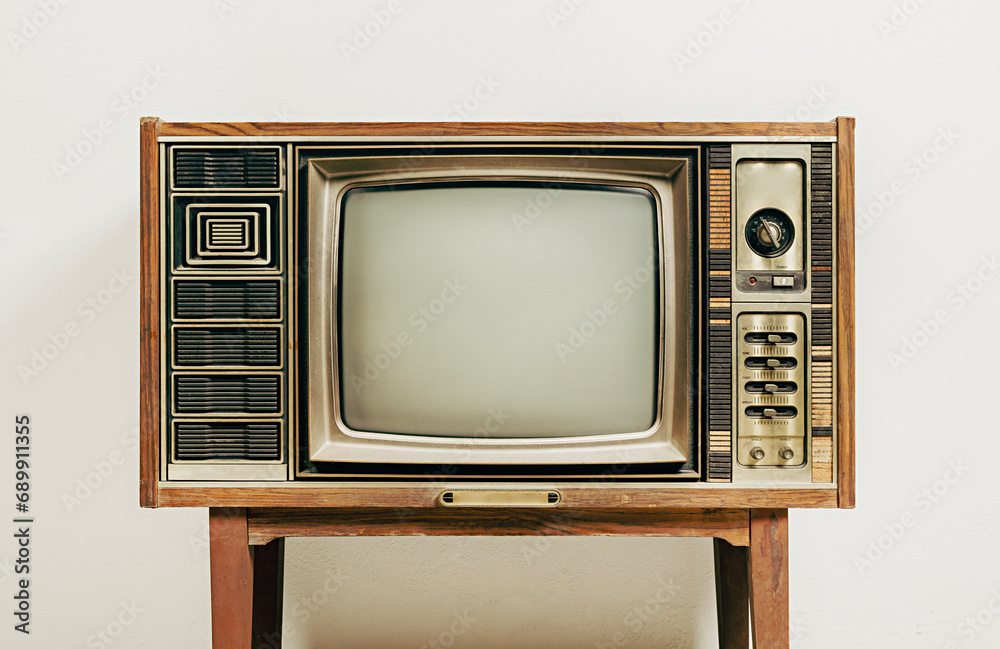 Front view of retro old TV with blank screen standing isolated on white ...