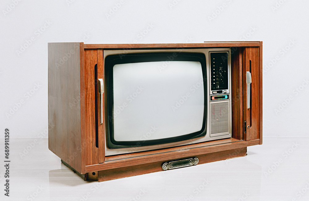 Side view, Antique old TV receiver, old fashioned wooden case with ...