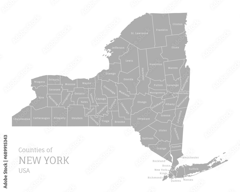 Highly detailed gray map of New York with county lines, US state ...
