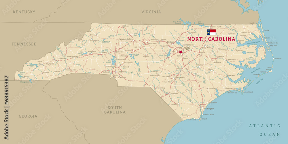 Road map of North Carolina, US American federal state. Editable highly ...
