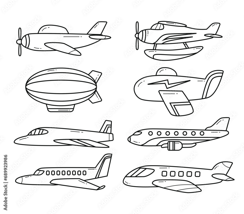 Set of Outline Airplane Line Art Collection, various outline aircraft ...