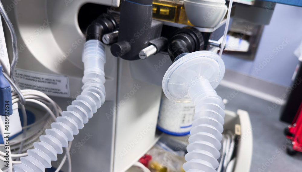 Modern hospital anesthesia machine with intricate ventilation tubing ...