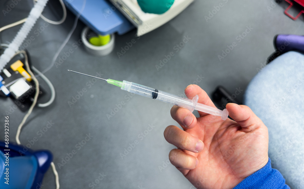 hospital medications, needles, syringes, medical equipment in clinical ...