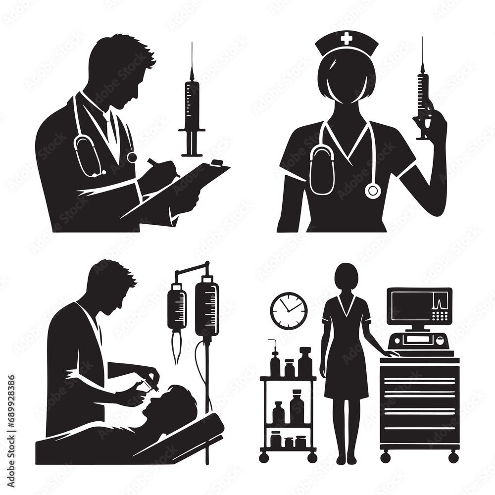 Vector icons silhouettes signs symbols of medical professionals. A ...