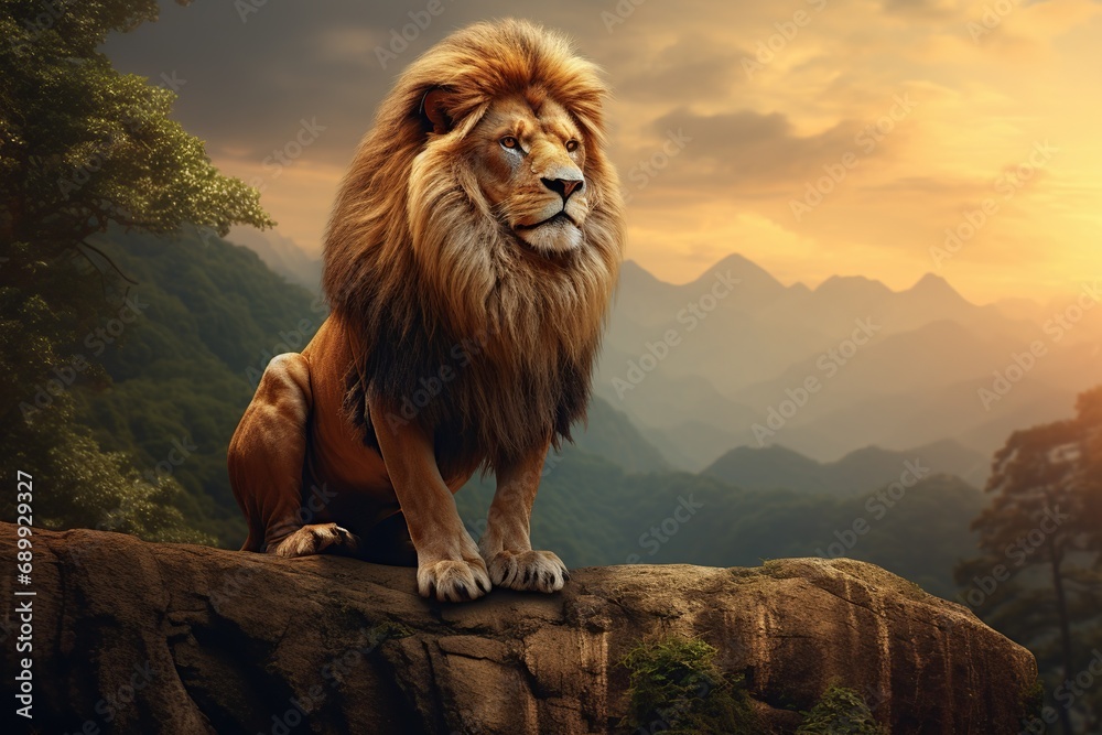 Single lion standing proudly on a small hill. Lion of Judah, exuding ...