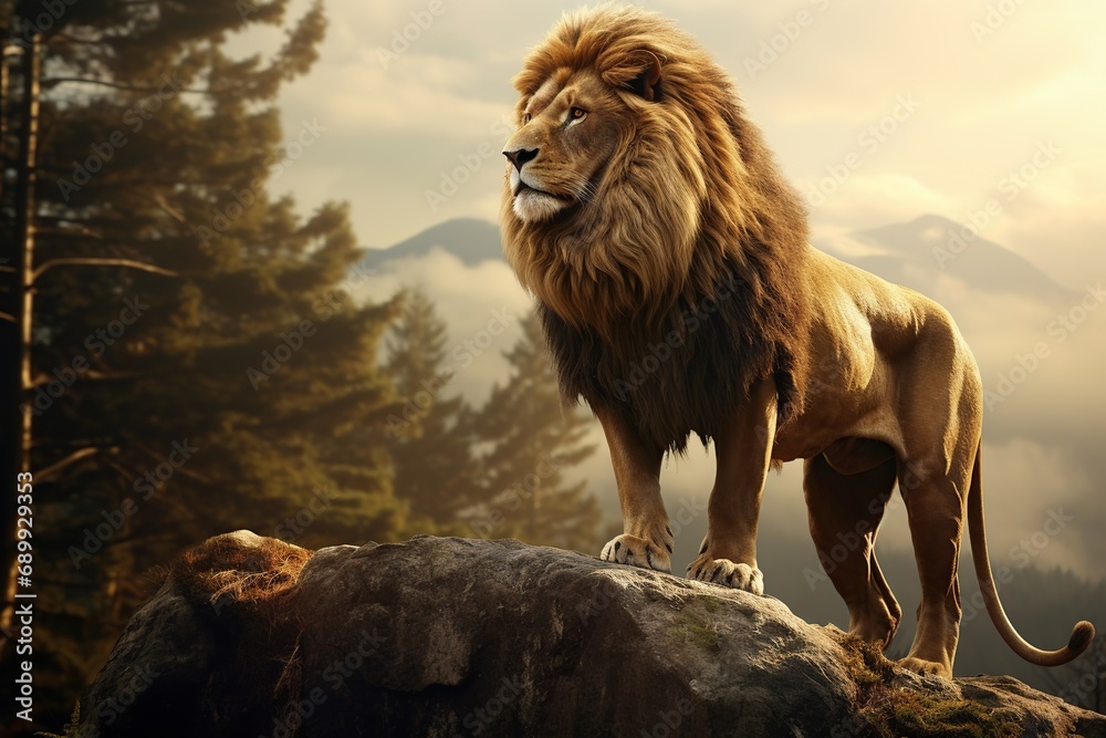 Single lion standing proudly on a small hill. Lion of Judah, exuding ...