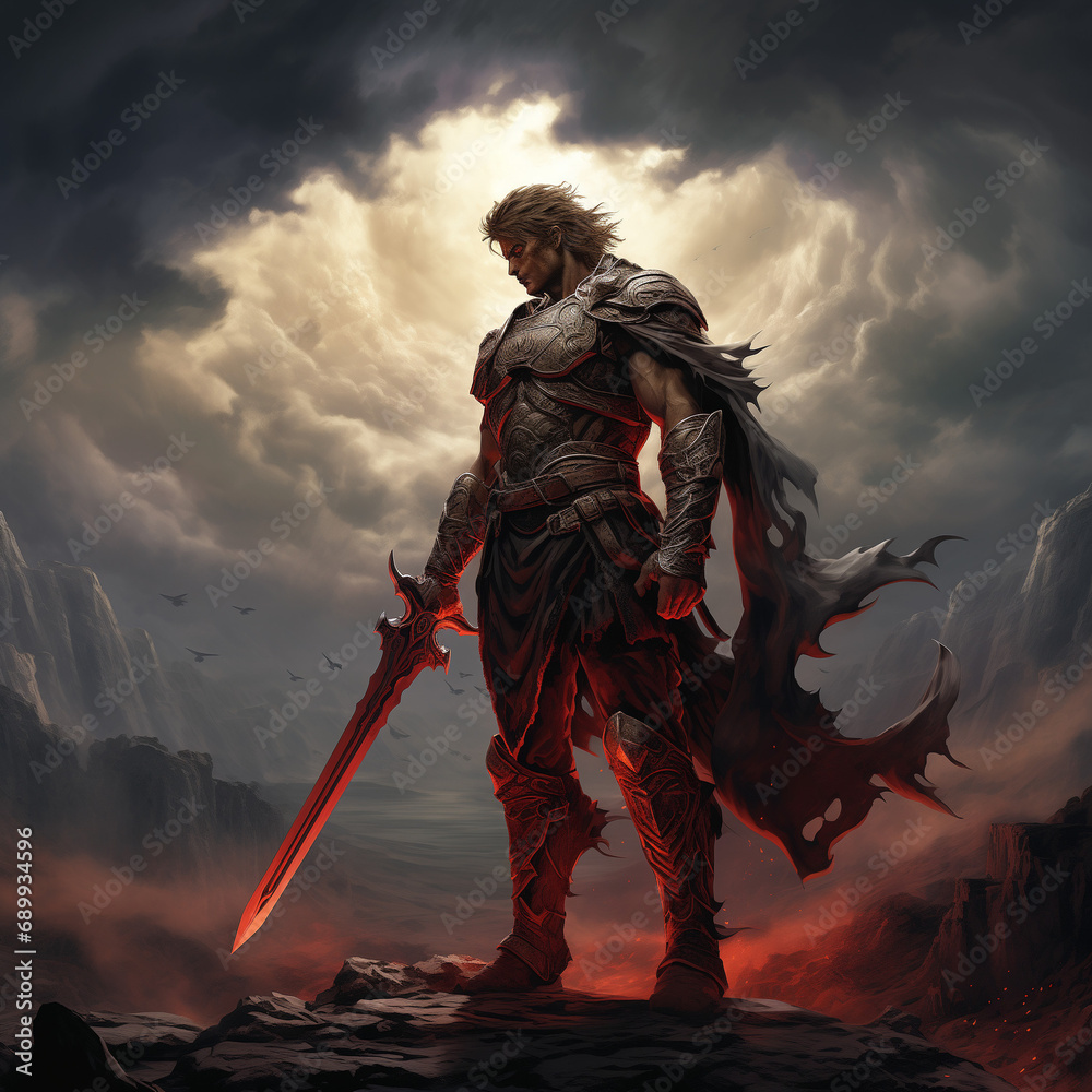 A warrior in a fantasy setting, standing on a battlefield. The style is ...
