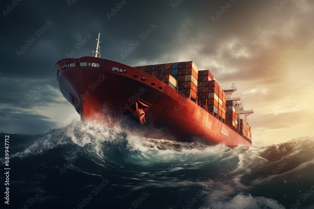 Cargo ship carrying containers in the middle of the ocean and big waves ...