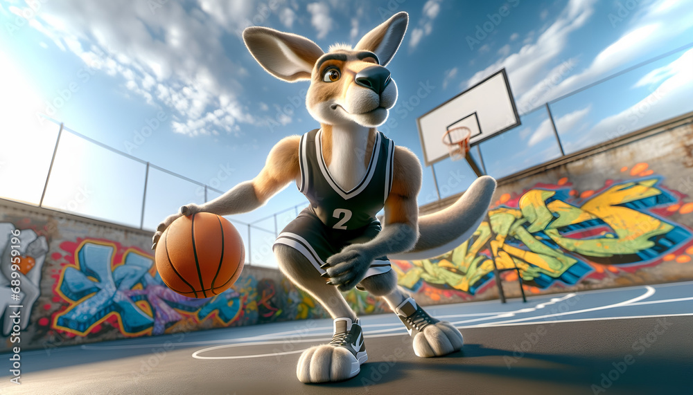 A kangaroo dressed in a basketball jersey, dynamically dribbling a ...