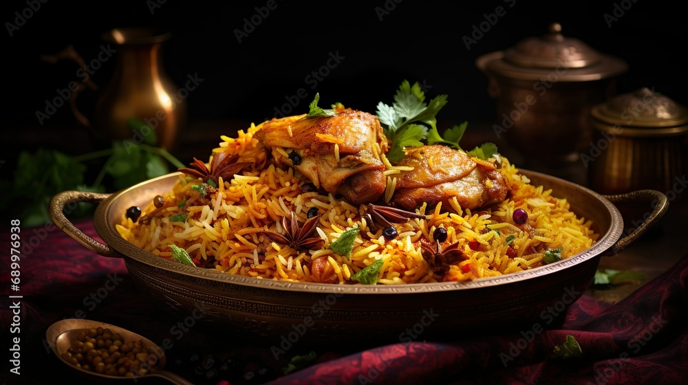 Chicken biryani in a shiny silver bowl, Spicy curry and aromatic ...
