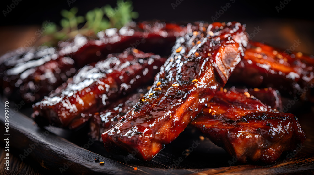 Hickory-smoked ribs glazed in tangy BBQ sauce. photo for the restaurant ...