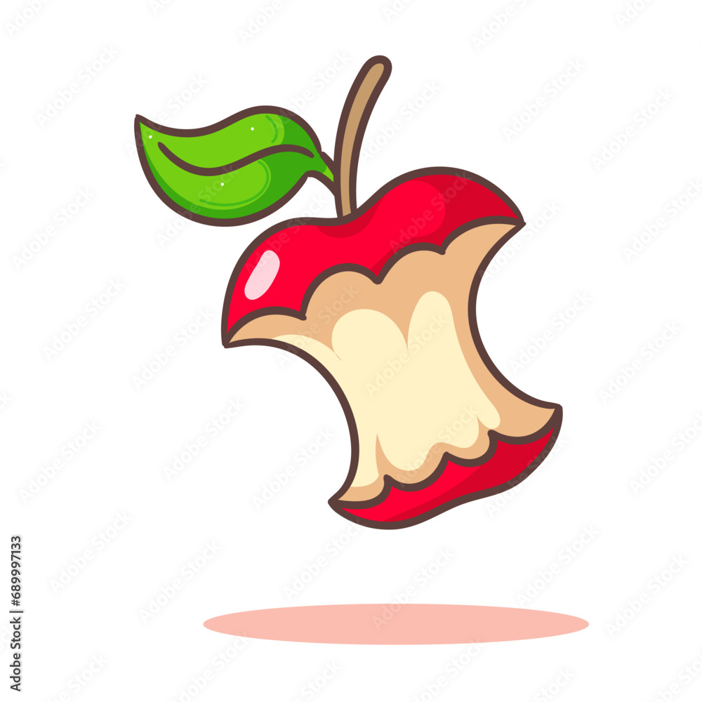 Cute red apple leftover core cartoon. Hand drawn fruit concept icon ...