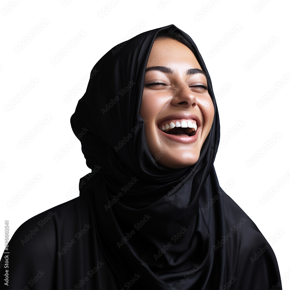 Happy arabian woman in black dress close up on transparent background ...