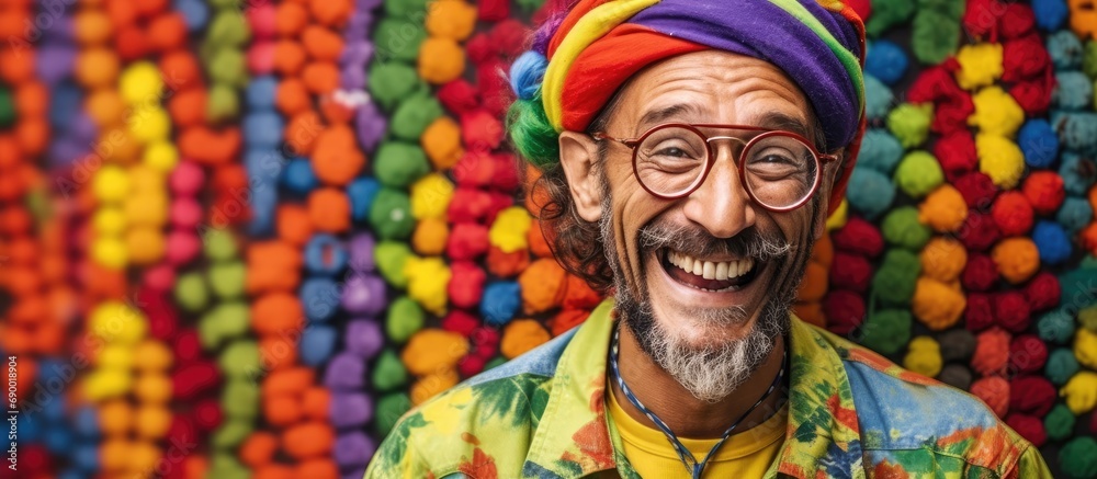 In a green and colorful background, an isolated man wears funny and ...