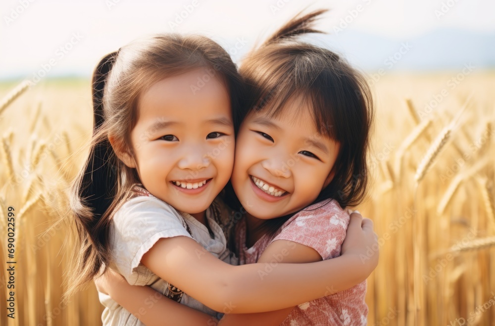 Two little Asian twin girls hug each other in a sunny field on a happy ...