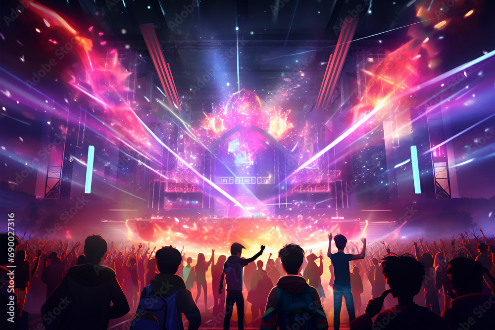 people dancing in the nightclub, Crowd at futuristic EDM concert, dj ...