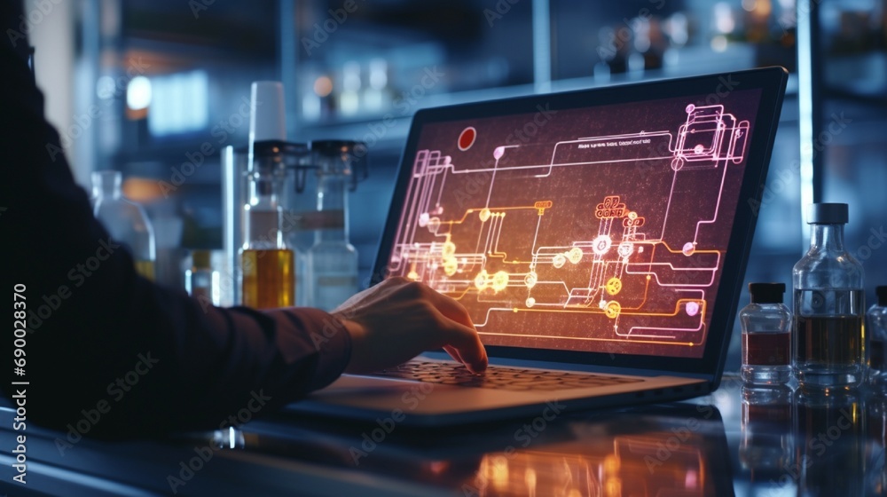 Illustrate the precision of hands on a laptop in a pharmaceutical ...